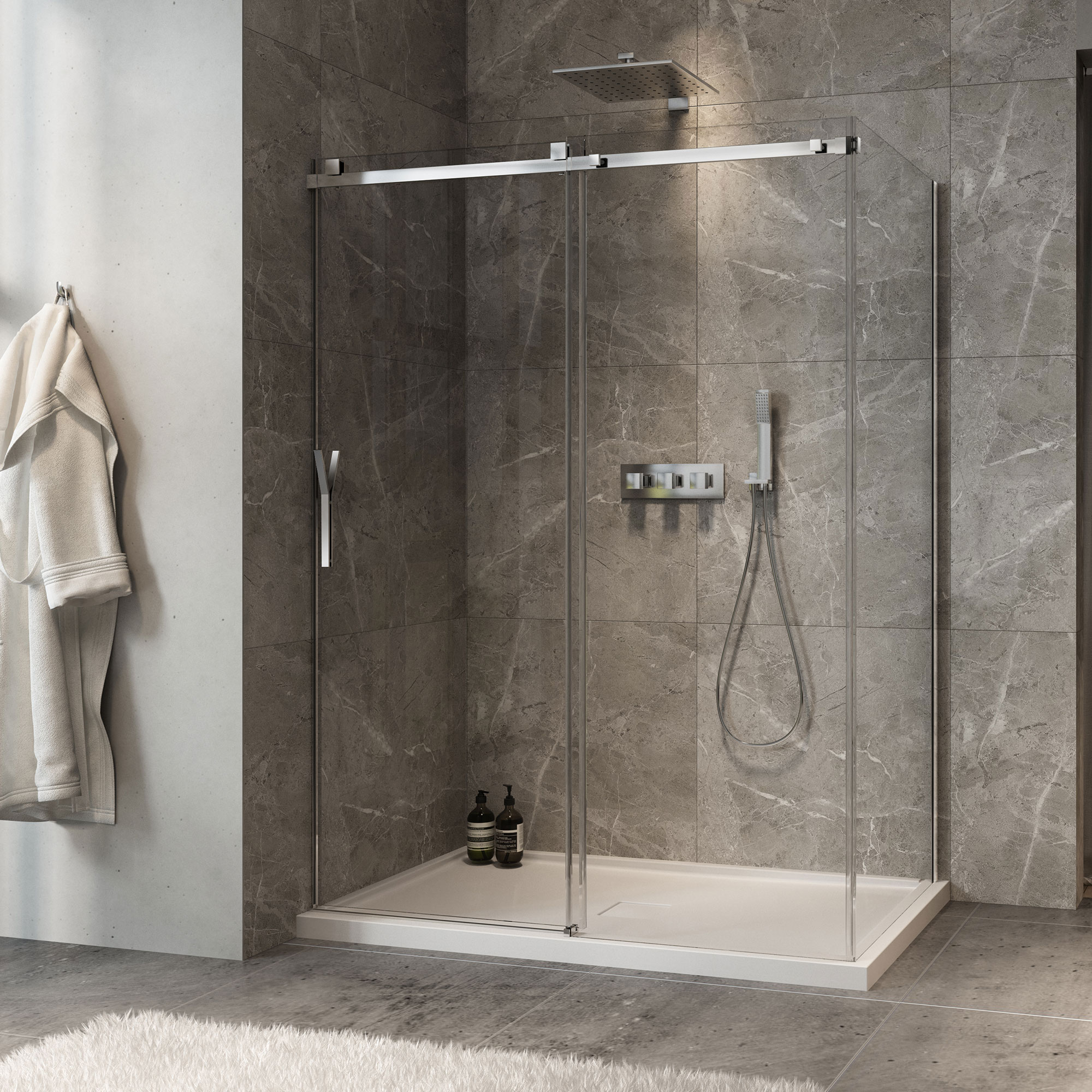 Shower door 60" x 36", in a corner closing on wall, wall on the left, door on the left, in chrome